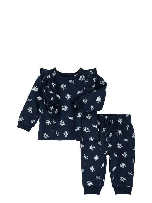 PETIT LEM Floral Print Ruffle Fleece Sweatshirt & Joggers Set - Navy