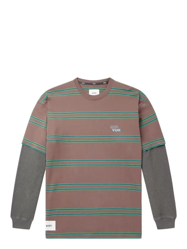 WTAPS Waffle-knit Trimmed Logo-embroidered Striped Cotton-jersey T-shirt - Brown