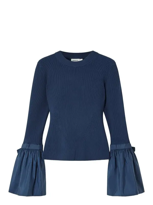Simkhai Agata Taffeta-trimmed Ribbed-knit Sweater - Blue