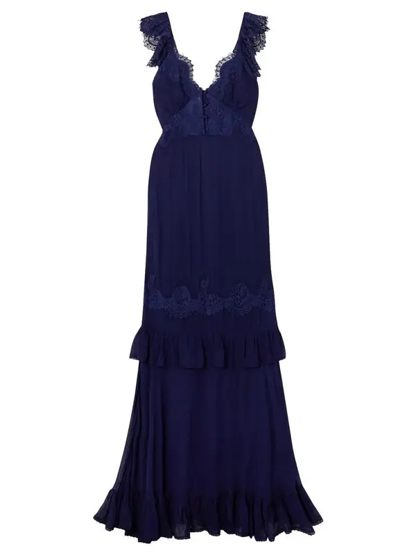 SELF-PORTRAIT Lace-trimmed Georgette Maxi Dress - Blue