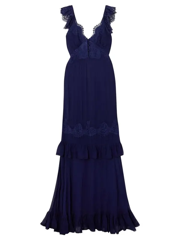 SELF-PORTRAIT Lace-trimmed Georgette Maxi Dress - Navy