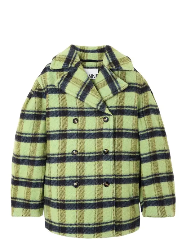 GANNI Oversized Checked Brushed-wool Coat - Green