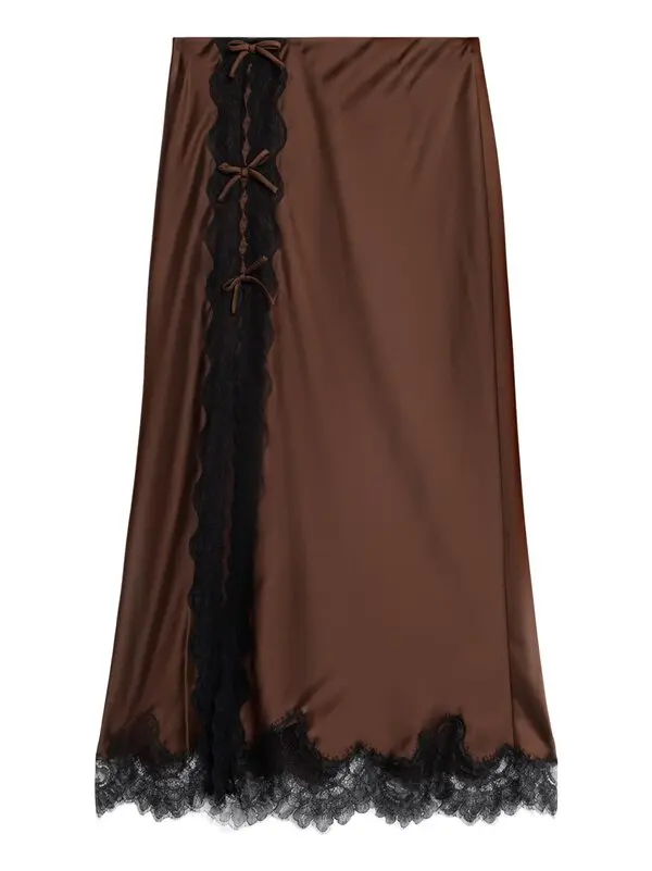 LoveShackFancy Calder Satin Midi Skirt - Chocolate