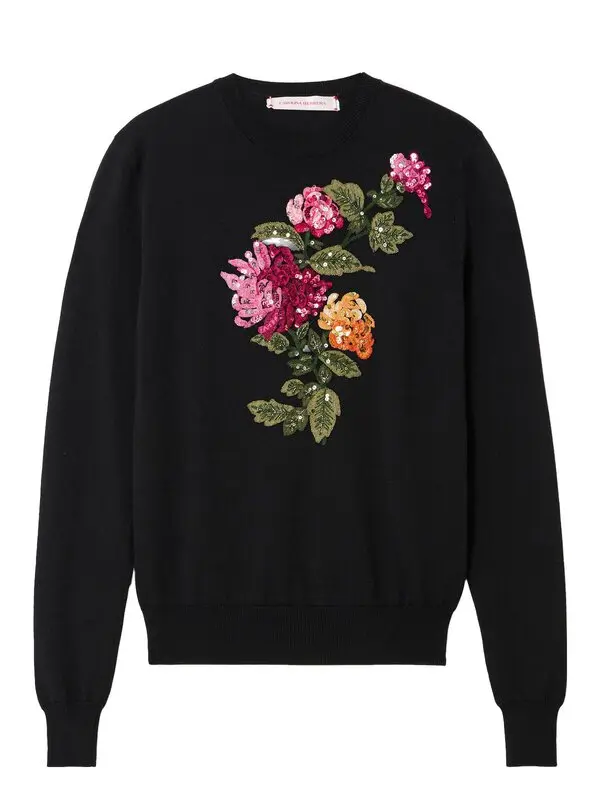 Carolina Herrera Embroidered Silk And Cotton-blend Sweater - Black