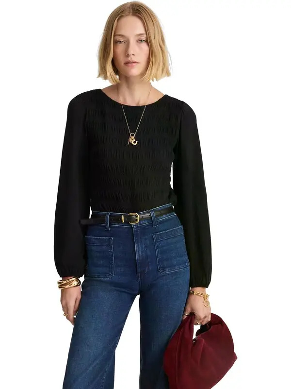 Madewell Smocked Boatneck Top - Jet Black