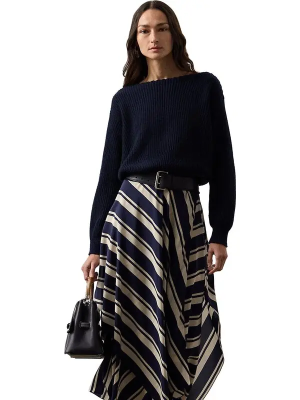 Ralph Lauren Striped Crepe De Chine Skirt - Icon Navy/ivory