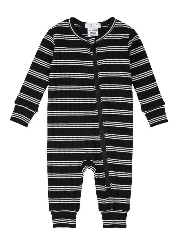 PETIT LEM Stripe Fitted One-piece Zip Pajamas - Black