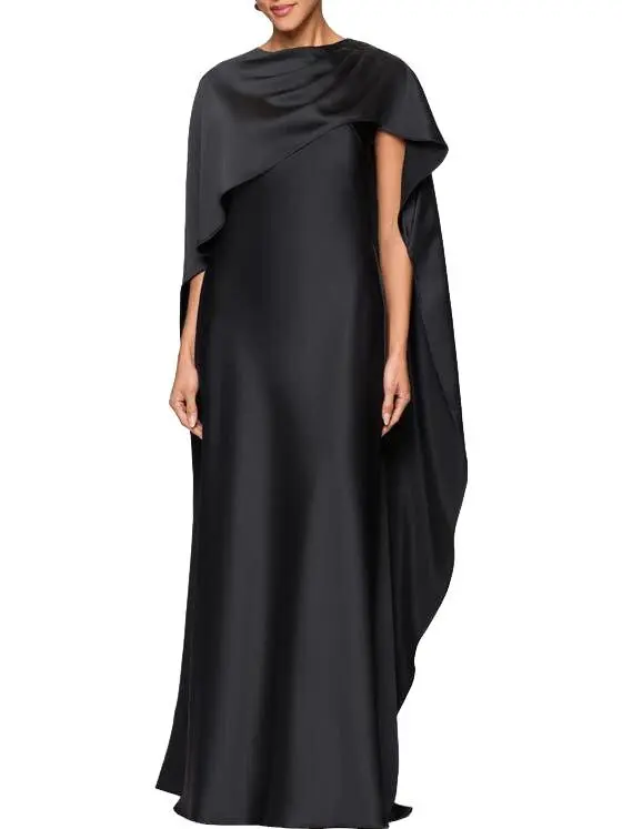 XSCAPE EVENINGS Cape Overlay Satin Gown - Black