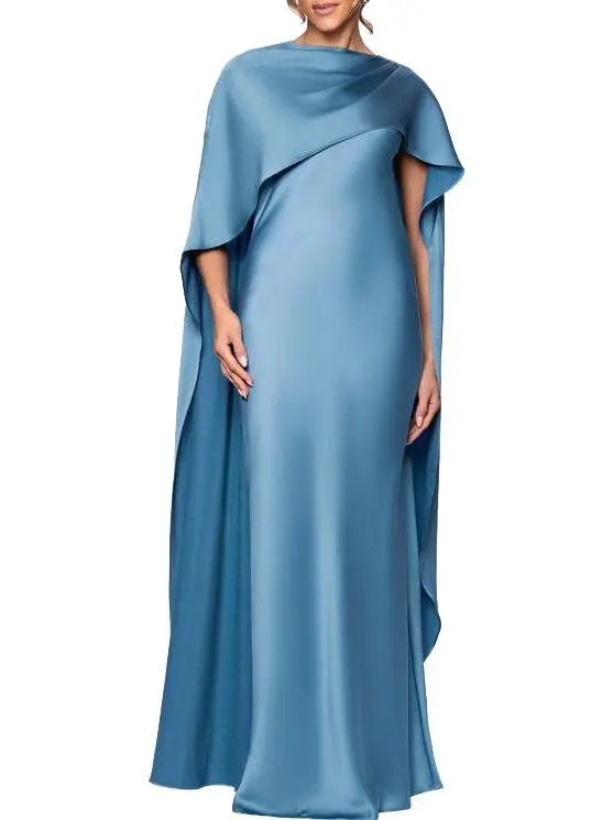 XSCAPE EVENINGS Cape Overlay Satin Gown - Slate