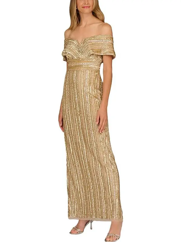 Aidan Mattox Beaded Off-the-shoulder Gown - Gold