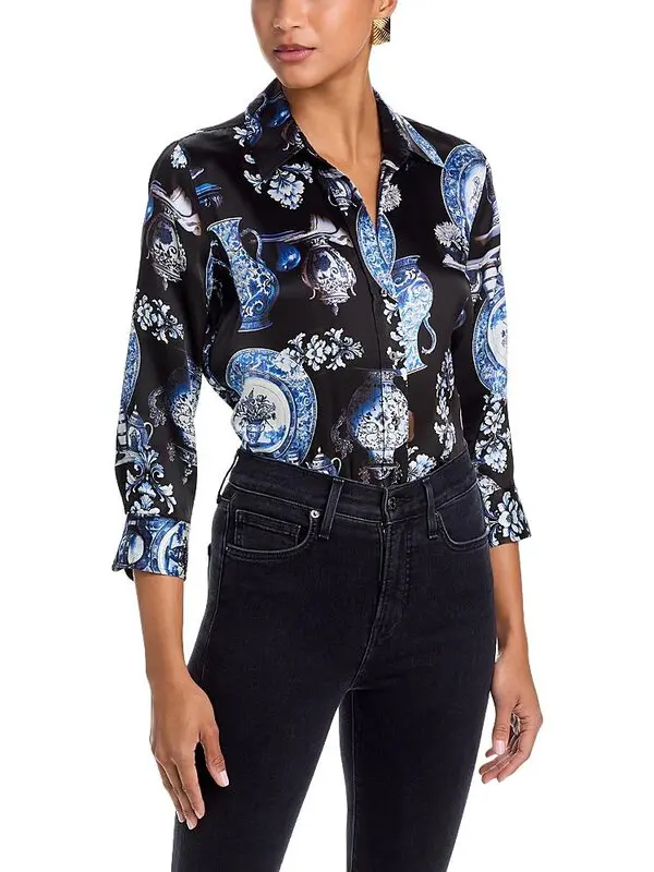 L'Agence Dani Silk Three Quarter Sleeve Blouse - Black/blue Porcelain