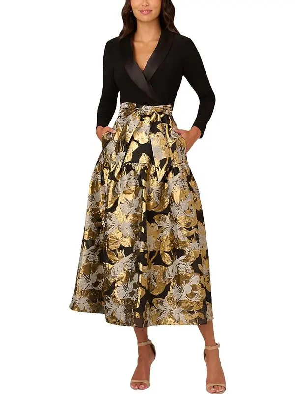 Adrianna Papell Floral Jacquard Combo Dress - Black Gold