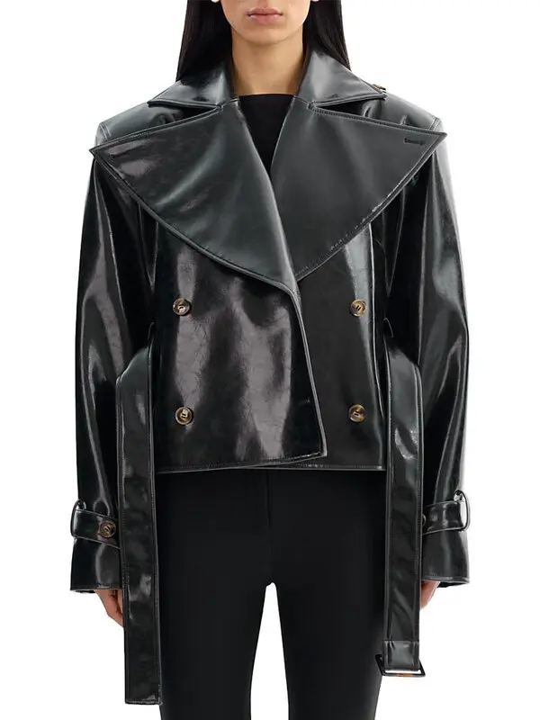 LAMARQUE Belted Faux Leather Jacket - Black