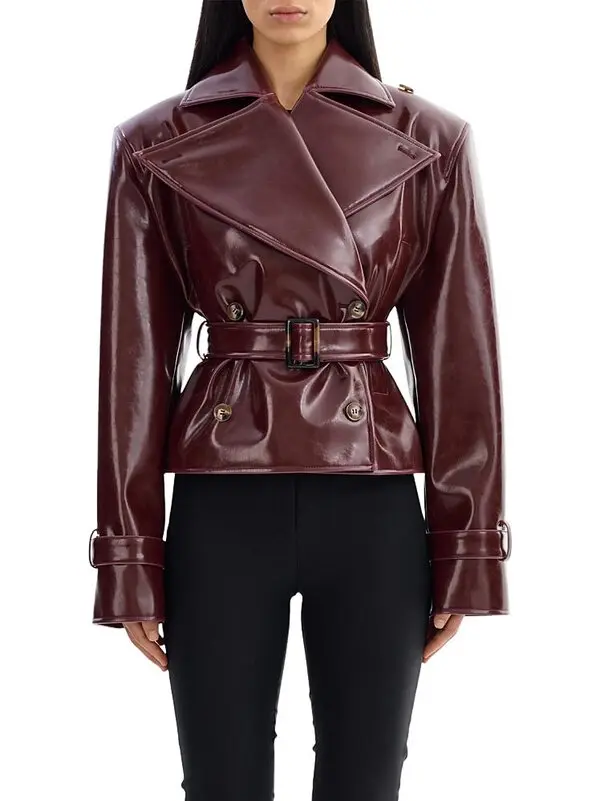 LAMARQUE Belted Faux Leather Jacket - Bordeaux