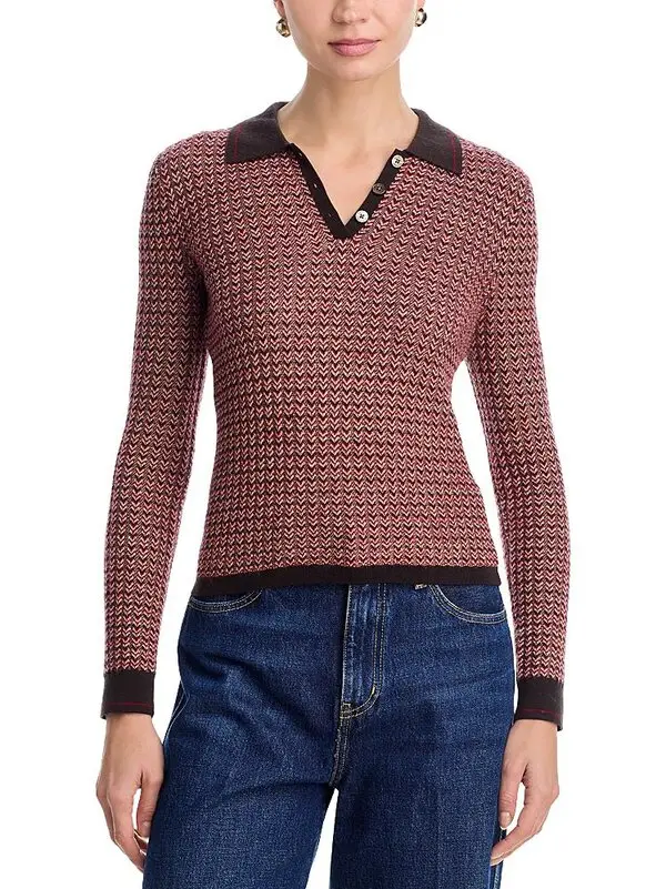 Guest In Residence Chevron Long Sleeve Shrunken Cashmere Polo - Burnt Cocoa Combo