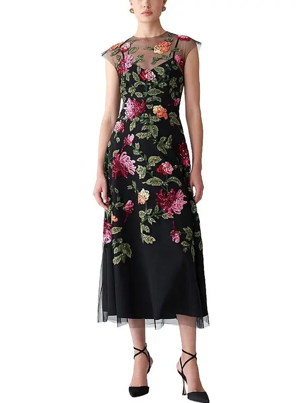 Carolina Herrera Embroidered Cap Sleeve Midi Dress - Black Multi