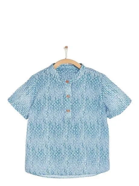 BABYCOTTONS Afrika Mandarin Collar Short Sleeve Shirt - Pastel Blue