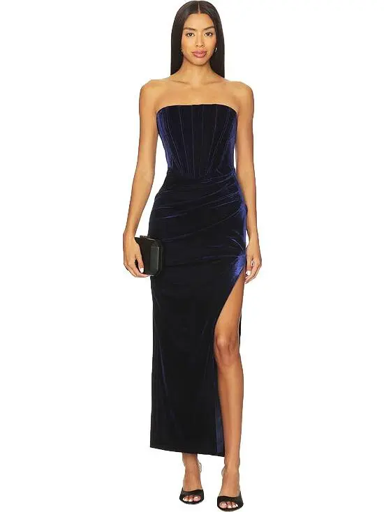 Bardot Everlasting Velour Midi Dress - Navy