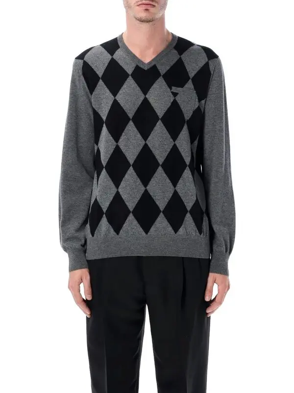 FERRAGAMO Virgin Wool Argyle V-neck Sweater - Grey