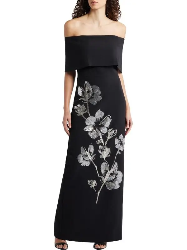 Vince Camuto Metallic Sequin Floral Embroidered Strapless Gown - Black