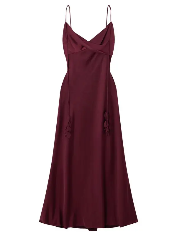 SELF-PORTRAIT Georgette-trimmed Draped Satin Midi Dress - Burgundy