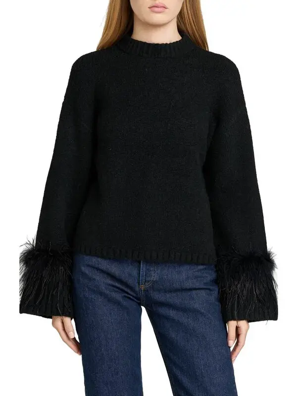 WAYF Feather Trim Mock Neck Sweater - Black