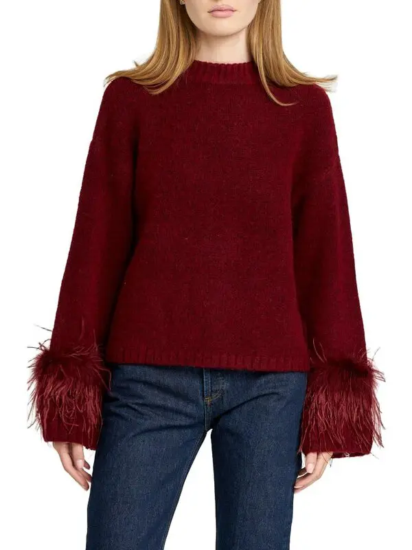 WAYF Feather Trim Mock Neck Sweater - Burgundy
