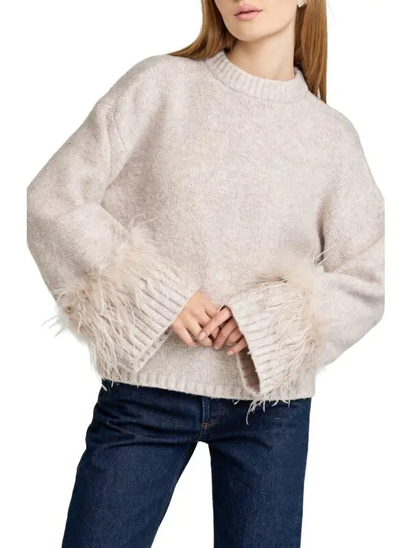 WAYF Feather Trim Mock Neck Sweater - Dove