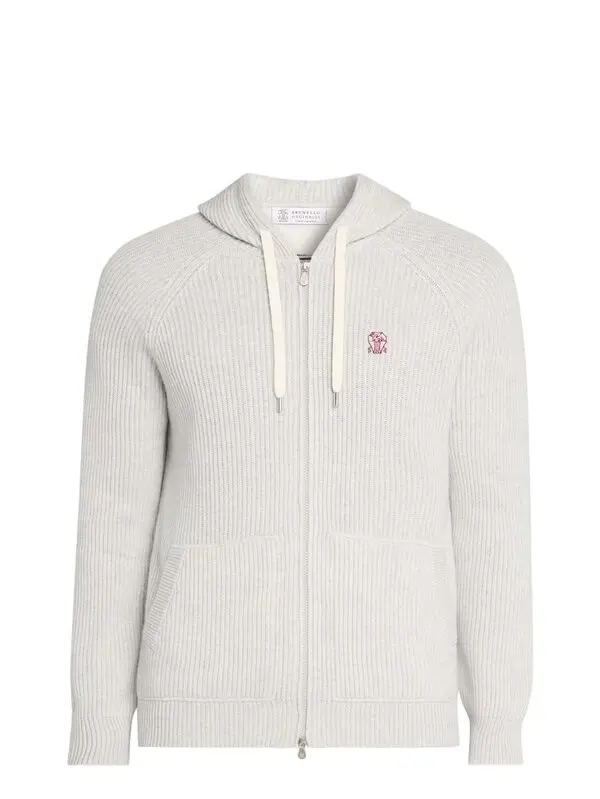 Brunello Cucinelli Cashmere Rib Hooded Full-zip Logo Sweatshirt - Grey