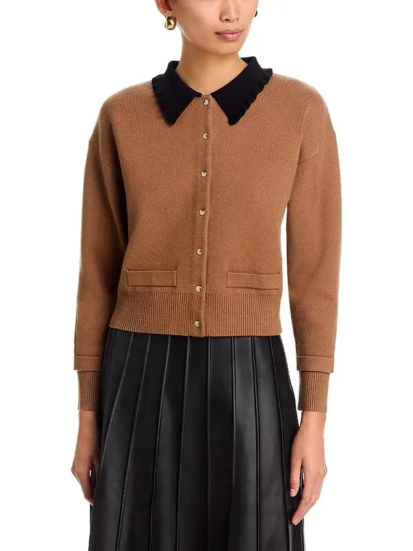 SIONI Contrast Collar Cardigan Sweater - Camel/ Black