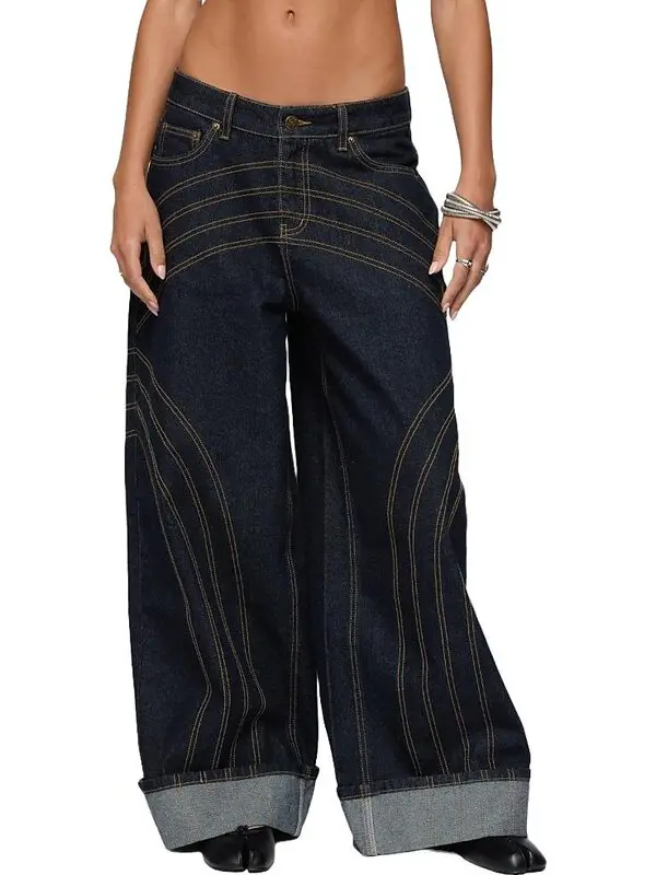 EDIKTED Cuffed Low Rise Wide Leg Jeans - Indigo-blue-raw-washed
