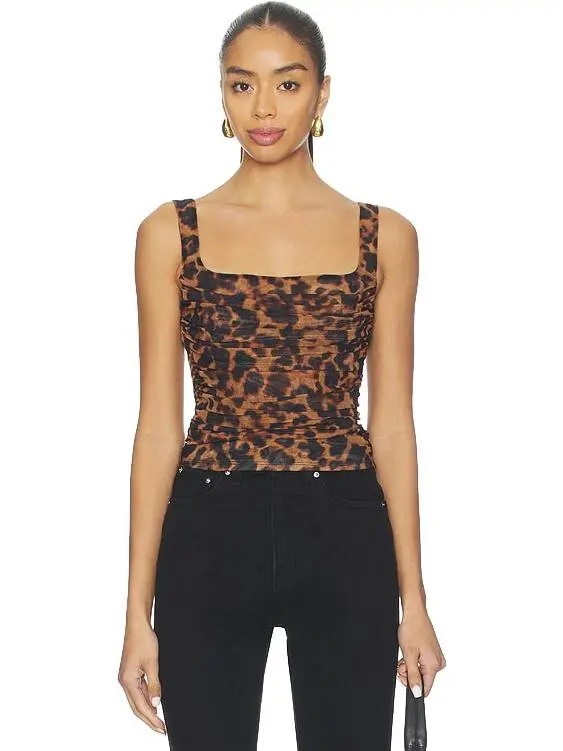 L'Agence Rasha Shirred Tank - Brown Multi Amur Leopard