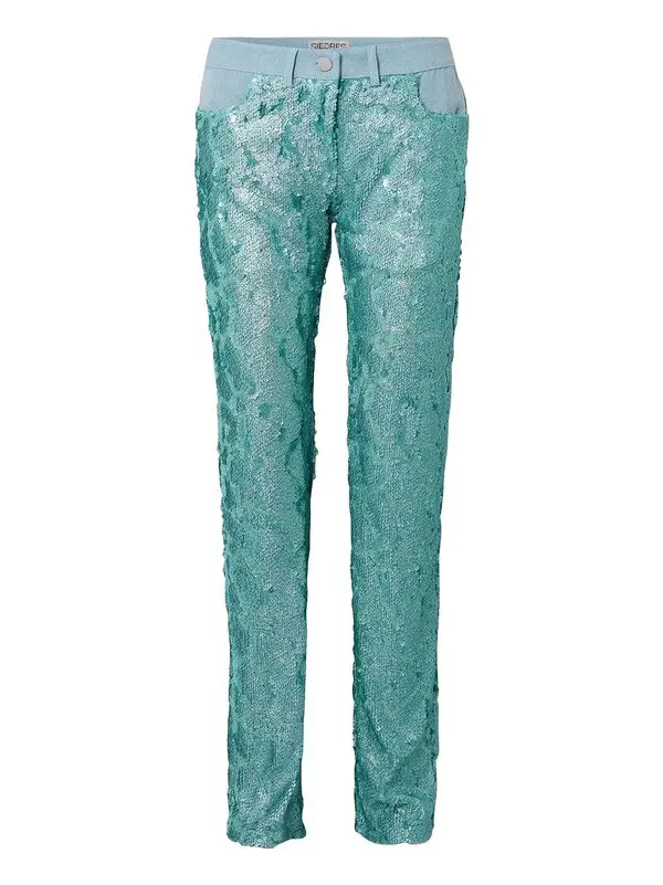 SIEDRES Sun Denim-trimmed Sequined Tulle Straight-leg Pants - Turquoise