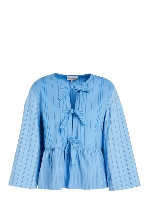 GANNI Striped Cotton-poplin Peplum Top - Light Blue