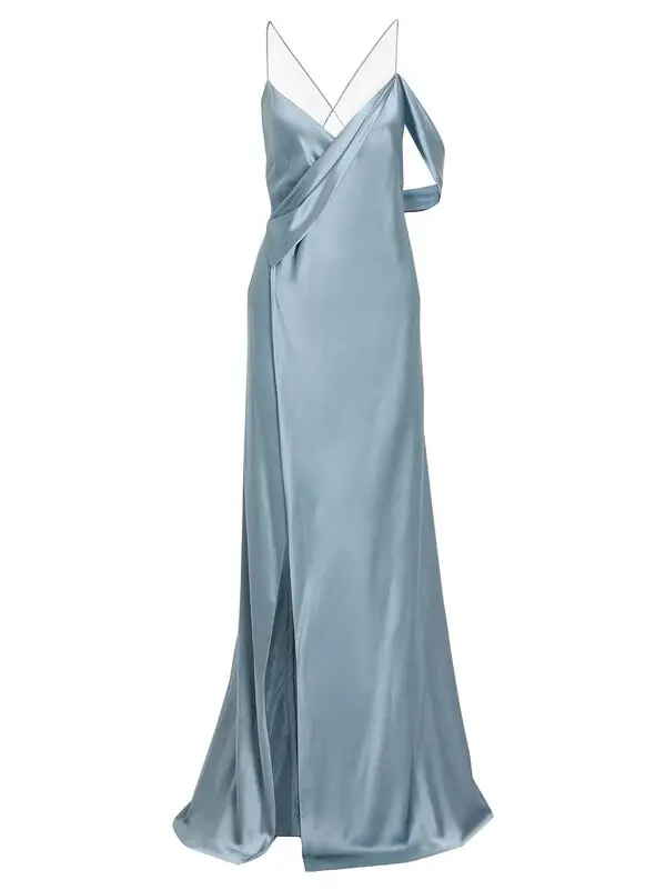 Michelle Mason Draped Silksatin Wrap Gown - Slate Blue