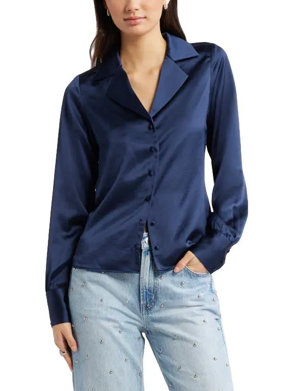 OPEN EDIT Satin Button-up Shirt - Navy Iris