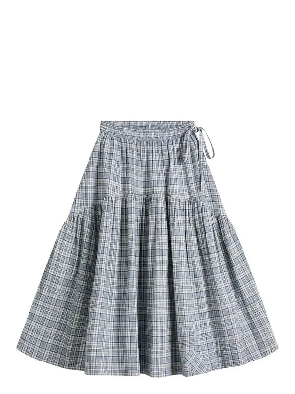 STORY MFG. Hand Orbit Gingham Cotton Skirt - Indigo Check