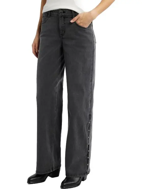 Wit & Wisdom High-waist Wide Leg Jeans With Faux Pearl Detail - Black