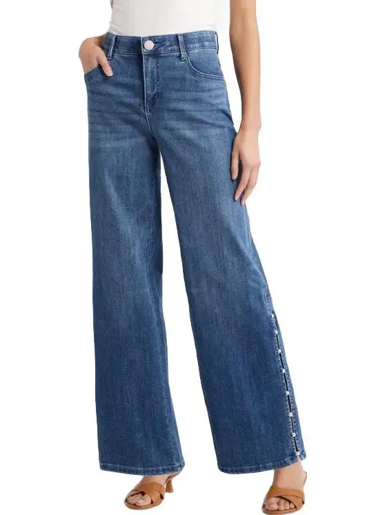 Wit & Wisdom High-waist Wide Leg Jeans With Faux Pearl Detail - Blue