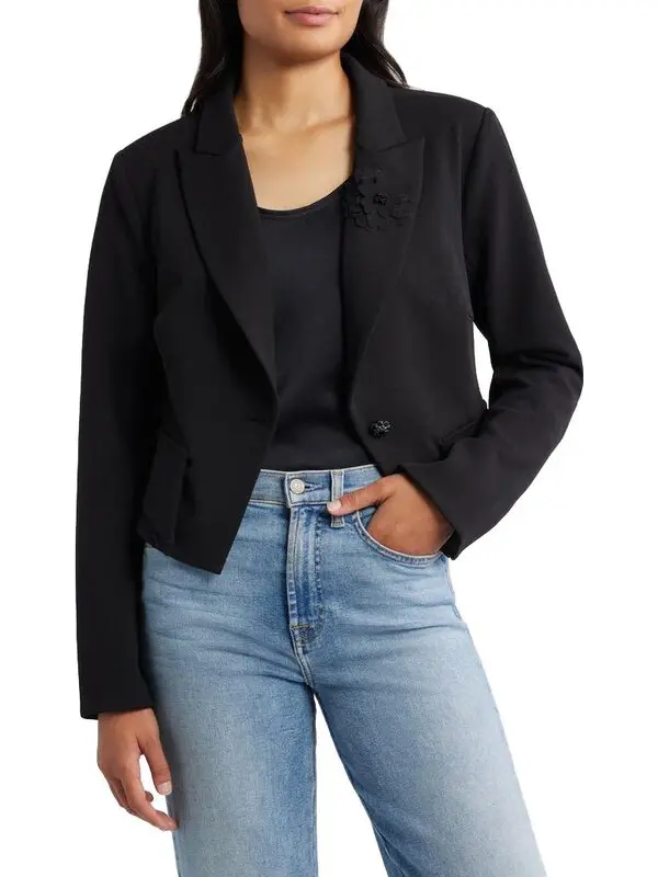 Wit & Wisdom Floral Appliqué Crop Jacket - Black