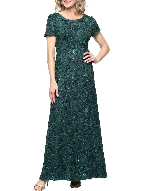 Alex Evenings Sequin Soutache A-line Gown - Pine