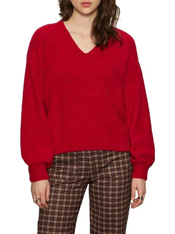 Sanctuary Teddy Fleece V-neck Sweater - Cherry Red