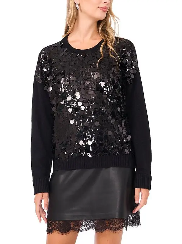 Vince Camuto Mixed Media Paillette Front Sweater - Rich Black