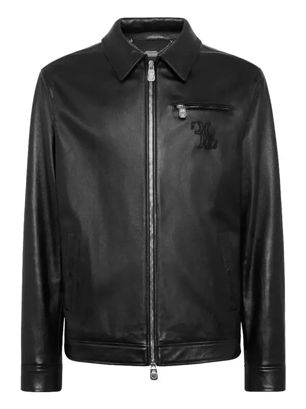 BILLIONAIRE Embroidered-logo Leather Jacket - Black