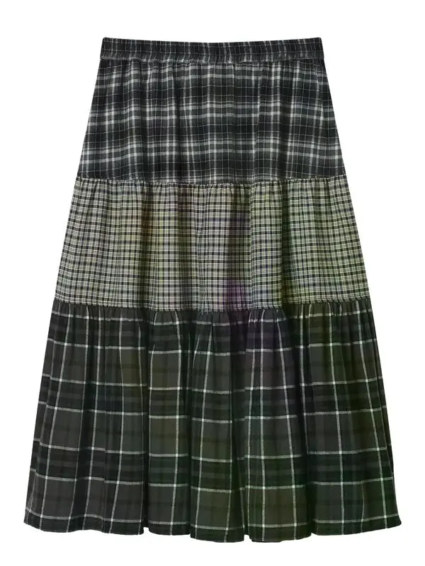 MINI CREAM Tiered Checked Midi Skirt - Grey