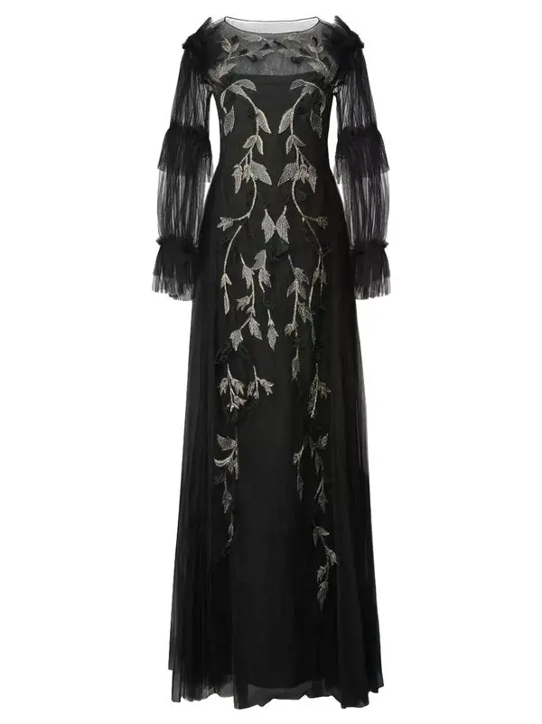 Alberta Ferretti Ruffled Embroidered Dress - Black