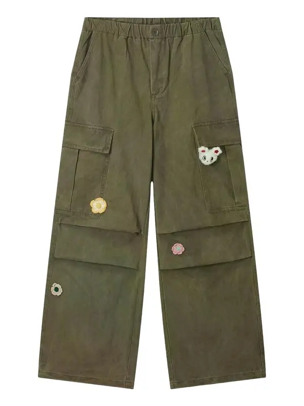 MINI CREAM Flower Appliqué Cargo Trousers - Green
