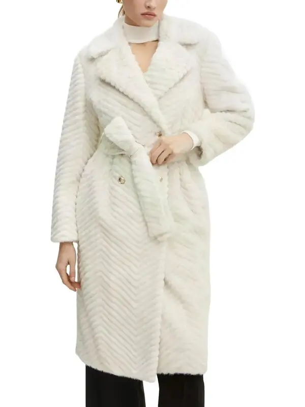 MARCIANO Belted Faux Fur Chevron Coat - White