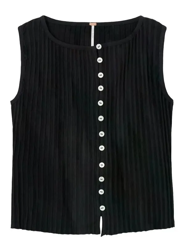 Free People Ribbed Buttoned Top - Black