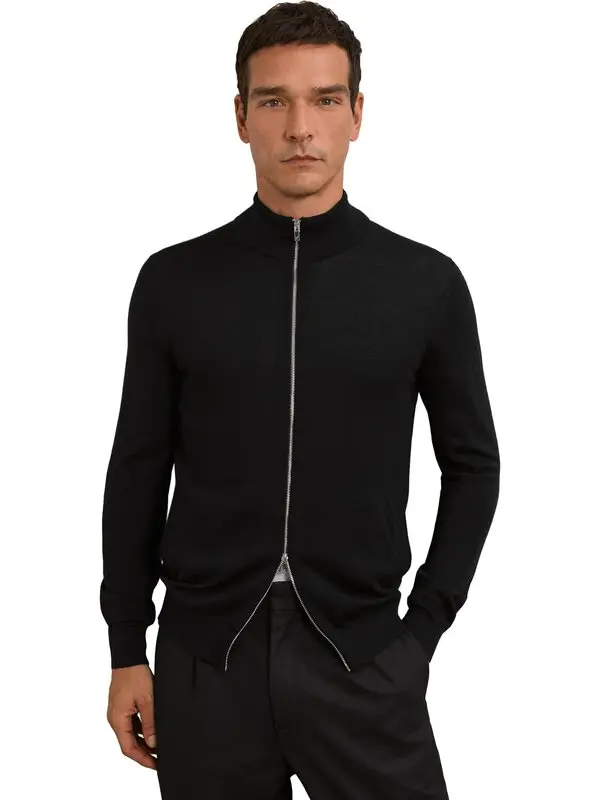 REISS Hampshire Wool Zip-through Cardigan - Black